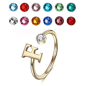 925 Sterling Silver Personalized Initial Name Ring with Simulated Birthstone Cusotm Initial Alphabet Letter Adjustable Size Stackable CZ Wrap Open Ring (Gold)
