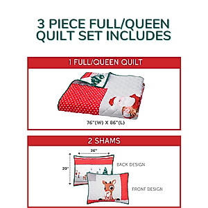 Franco Rudolph The Red Nose Reindeer Holiday Bedding Super Soft Pillow Sham and Quilt Set, Full/Queen Size 88" x 92", (100% Officially Licensed Product)