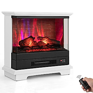 ORALNER 27” Electric Fireplace with Mantel, 3-Sided Glass View, Wooden Surround Firebox, Freestanding Fireplace Heater w/ 7 Flame Colors, Remote & 6H Timer, Overheat Protection, 1400W (White)