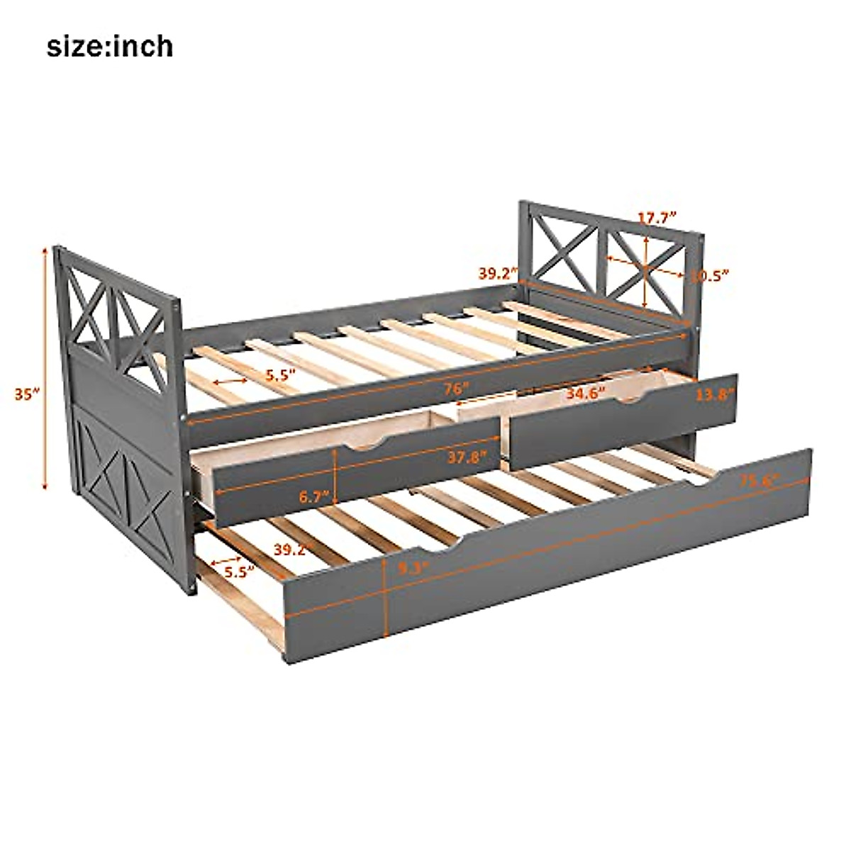 GLORHOME Twin Platform Bed,Multifunctional Wood Storage DayBed Sofa Bed Frame with Trundle and Two Drawers for Living Room Bedroom, Grey