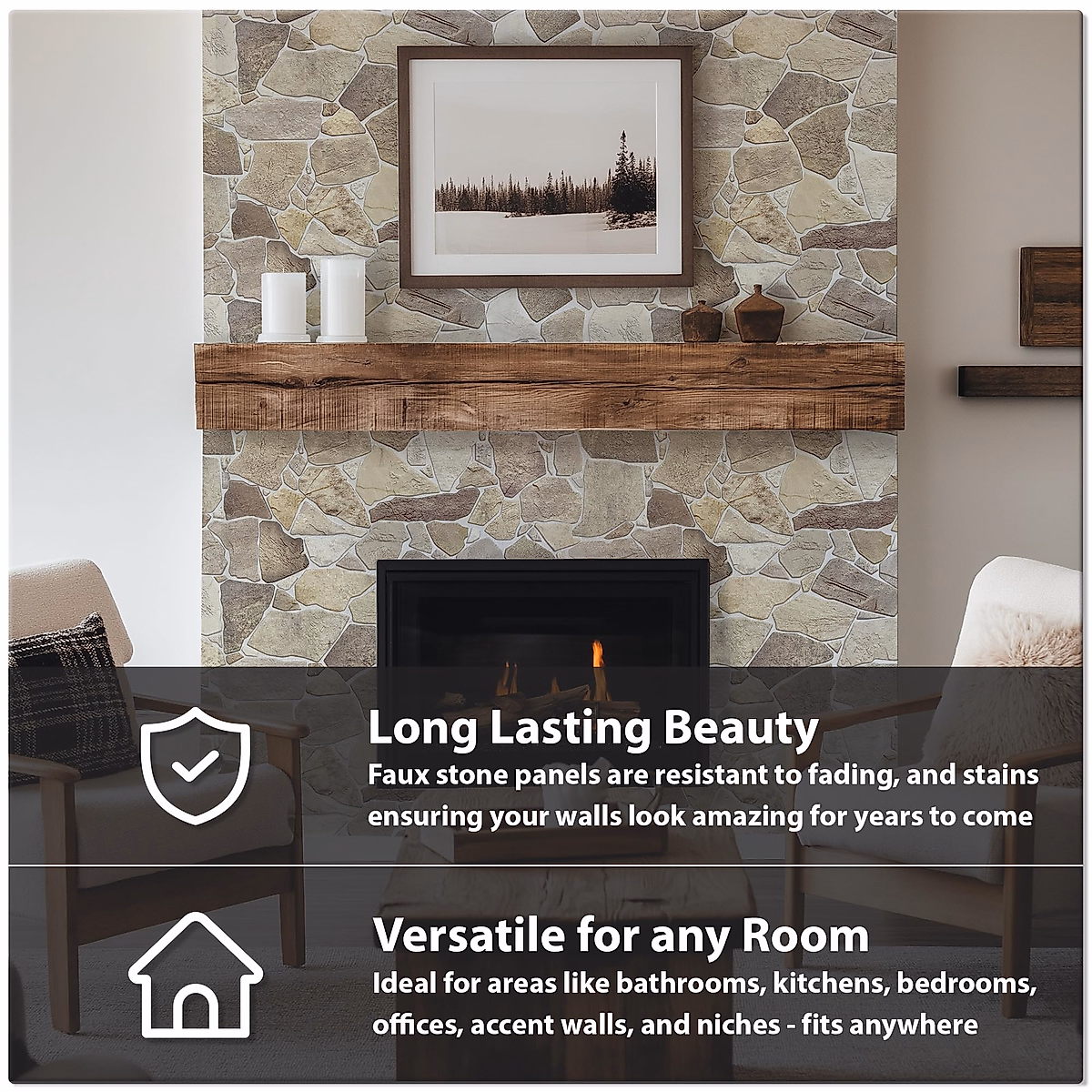 CONCORD WALLCOVERINGS ™ 5 Pack 3D Faux Brick Wall Panels, Beige Grey Wild Stone, Lightweight 38.7" x 25" (98.3 cm x 63.5 cm) PVC Sheets, Decorative Tiles for Living Room, Kitchen - Covers 33.59 Sq Ft