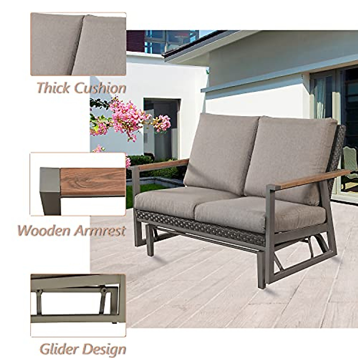 LOKATSE HOME Patio Glider Rocking Chair Outdoor 2 Person Bench Metal Swing Loveseat with Faux Wood Armrest, Wicker Backrest and Thick Cushion, Grey