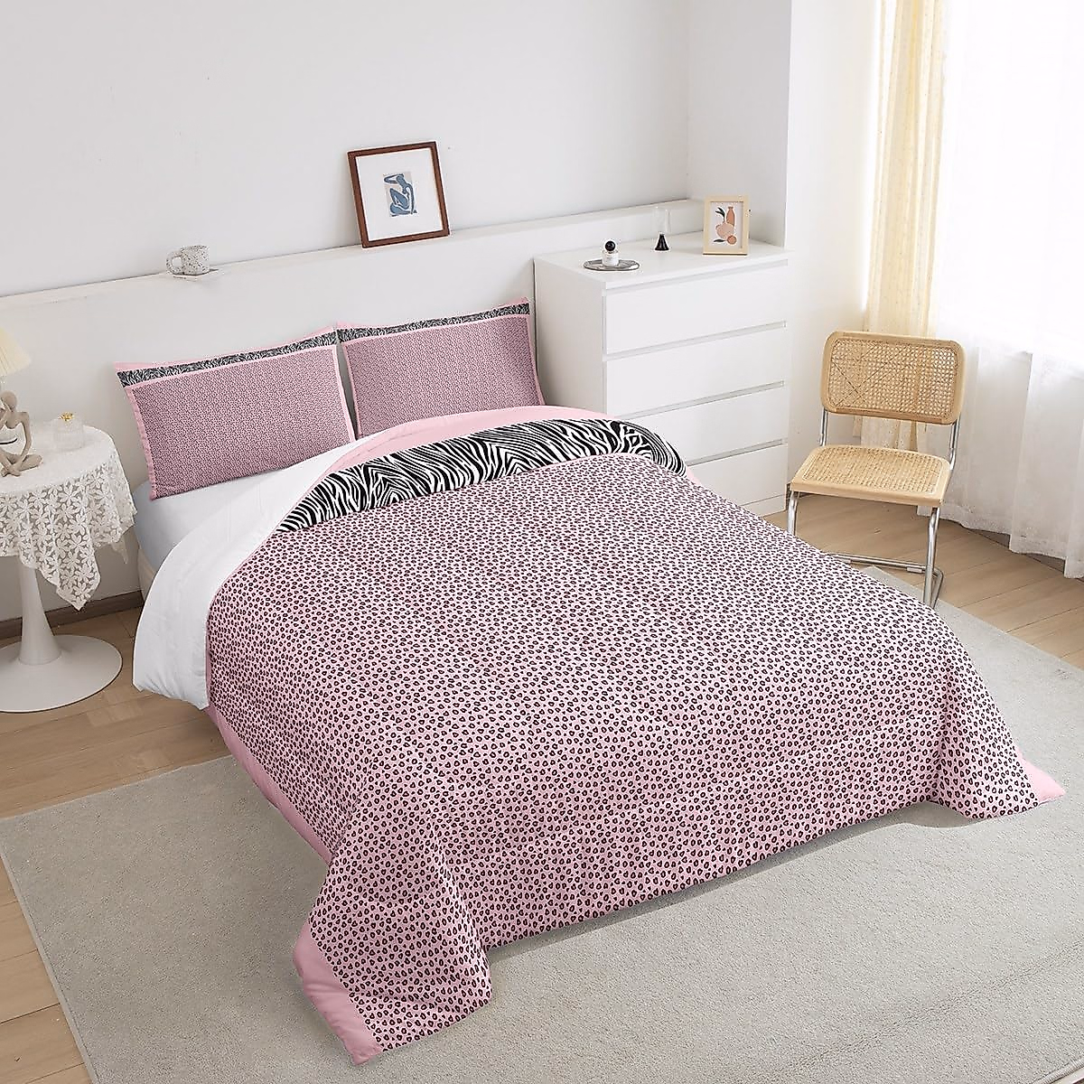 Erosebridal Animal Print Bedding Set Queen Girly Pink Comforter Set, Cheetah Printed Duvet Insert Safari Leopard Quilt Set, Black and White Zebra Skin Bedding Comforters & Sets for Kids Boys Girls