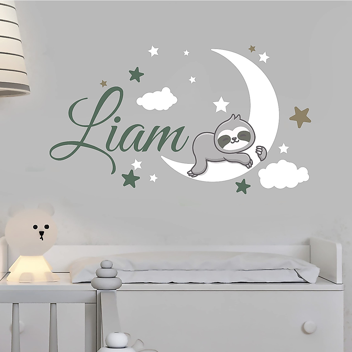 waldo Custom Name Sloth Moon Stars Nursery Wall Decal - WM45. Removable Nursery Wall Decal for Baby Room - Mural Wall Decal for Kids