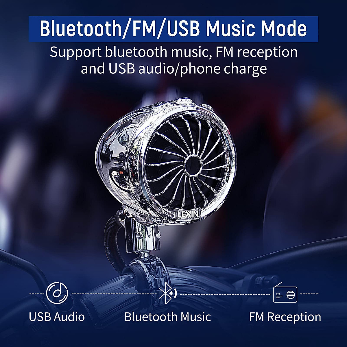 LEXIN Q3 Motorcycle Speakers Bluetooth Waterproof, 3" Full Range Handlebar Audio Systems for Harley with Stereo/Bass Sound, Turning Light, Bluetooth V5.1, FM Radio, Fits ATVs/UTVs, Chrome