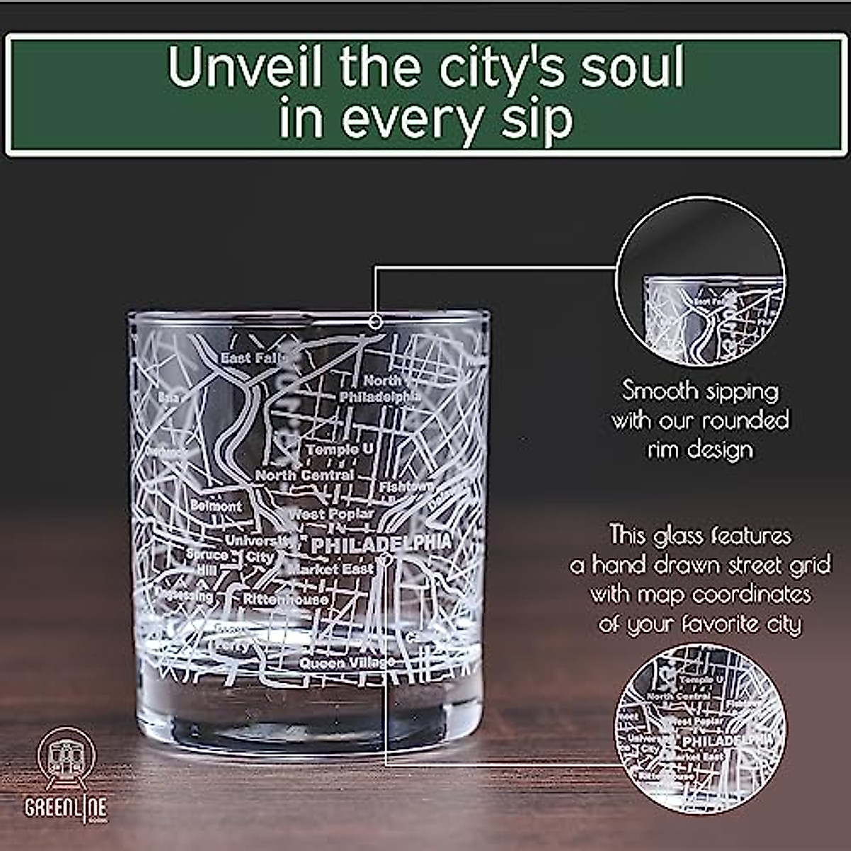 Greenline Goods Whiskey Glasses - 10 Oz Tumbler Gift Set for Philadelphia lovers, Etched with Philadelphia Map | Old Fashioned Rocks Glass - Set of 2