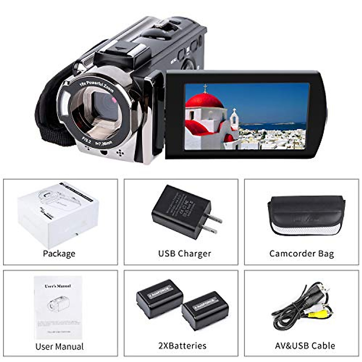 kicteck Video Camera Camcorder Digital Camera Recorder Full HD 1080P 15FPS 24MP 3.0 Inch 270 Degree Rotation LCD 16X Zoom Camcorder with 2 Batteries(604s)
