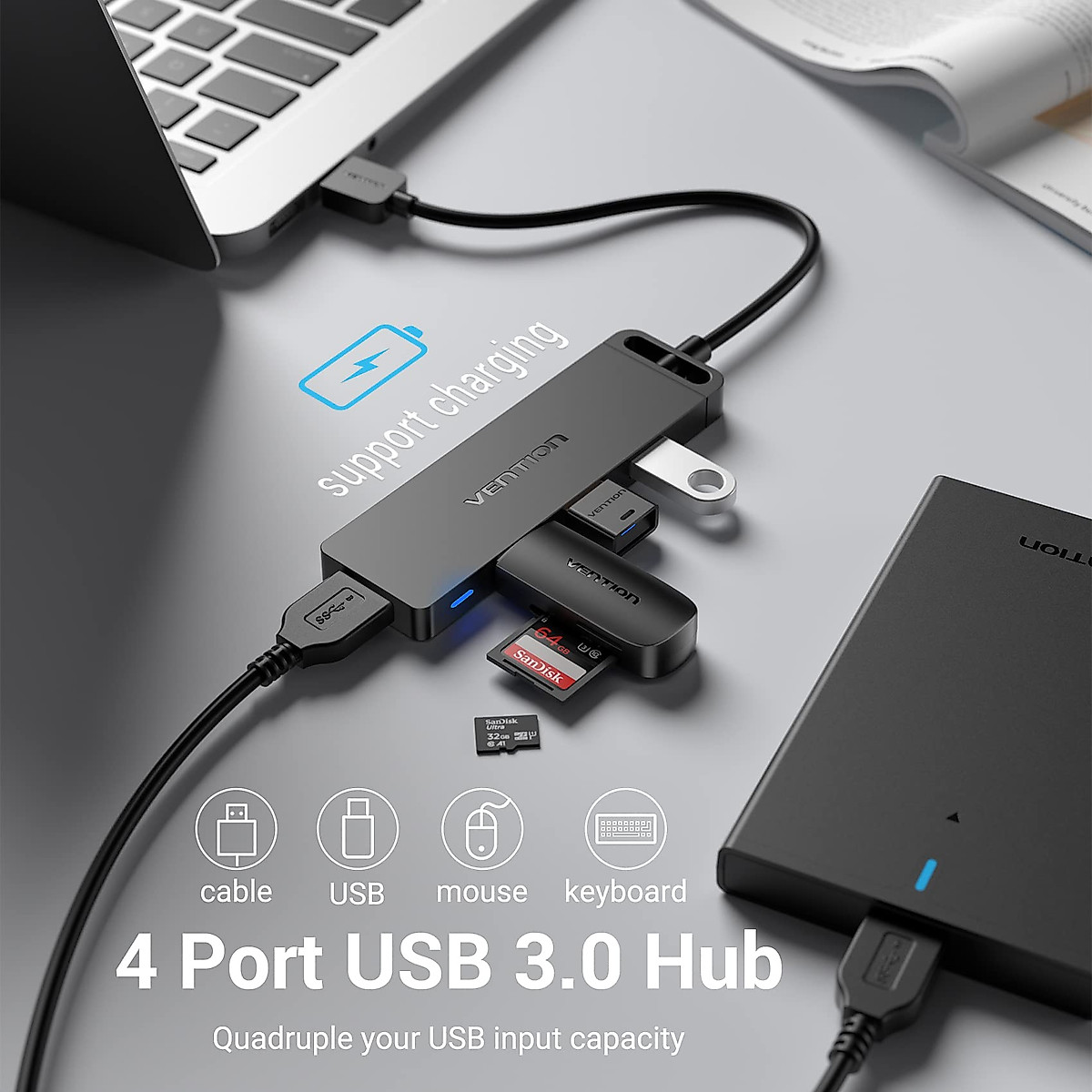 VENTION 4-Port USB 3.0 Hub and USB Extension Cable 6.6FT