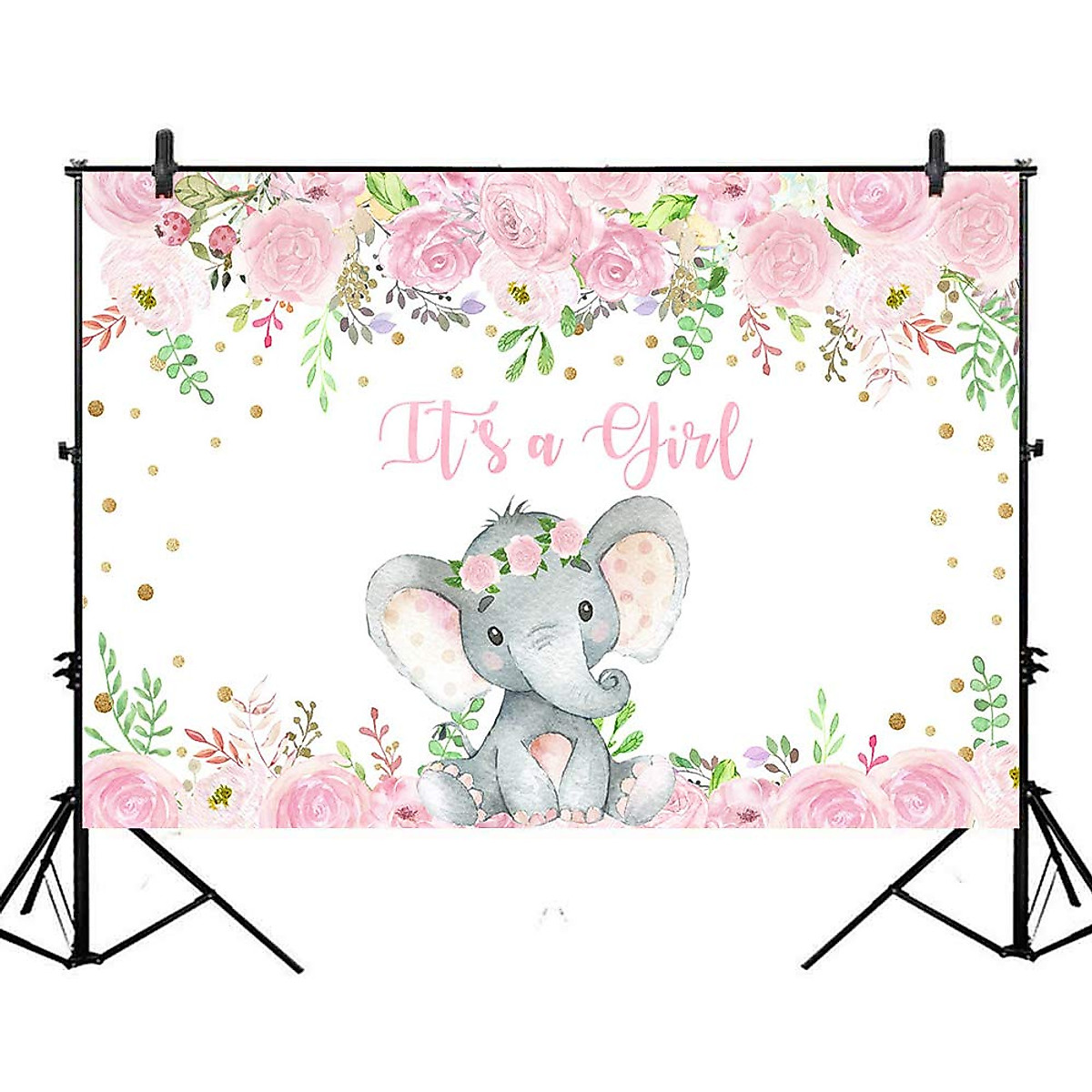 Mocsicka Elephant Baby Shower Backdrop Girl Pink Floral Little Elephant Baby Shower Background 7x5ft Blush Pink and Gold Sprinkle Elephant Baby Shower Backdrop Decorations for Girls
