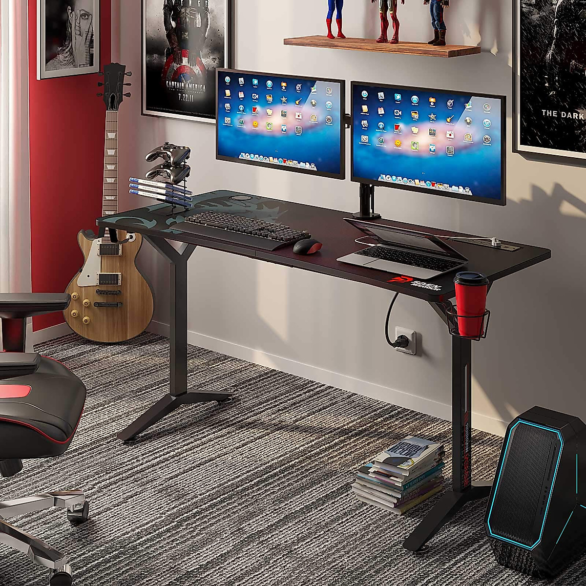 SEVEN WARRIOR Gaming Desk 55INCH with Power Outlet & Dual Monitor Mount, Carbon Fiber Surface Computer Gamer Desk with Full Desk Mouse Pad, Ergonomic Y Shaped Gamer Table with Outlet Organizer