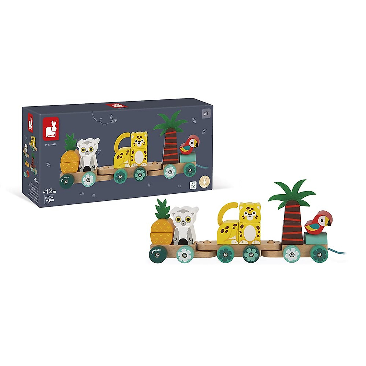 Janod - Tropik Tropical Pull-Along Train - 11 Pieces and 3 Cars - Ages 1 Year + J08272