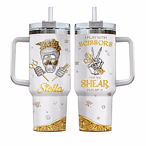 HHyturtle Personalized Hair Stylist 40 oz Tumbler With Handle and Straw Lid, Funny Skull Messy Bun Stainless Steel Coffee Cup, Salon Owner Gifts Hairdresser Mug With Name