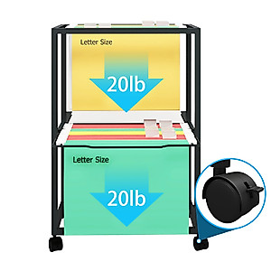 PUNCIA 2 Tiers Metal Rolling File Carts with Wheels Hanging Files for Letter Size Movable Pull-Out File Folder Rack Drawer File Cabinet for Home Office