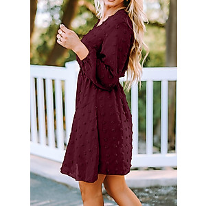 KIRUNDO Womens Spring Dresses 2024 Fashion Casual Long Lantern Sleeve V Neck Cute Swiss Dot Mini Wedding Guest Dress(Style2-Wine Red, X-Large)