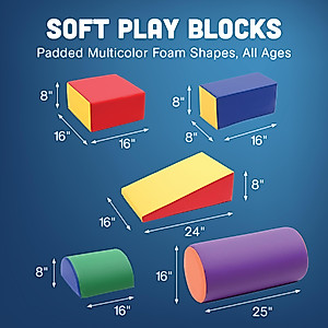 Constructive Playthings Kids Climbing Toys for Toddlers, Soft Play Equipment, Daycare Essentials, Padded Shapes, Sturdy Vinyl Exterior, Easy to Clean, Multicolor, 5 Foam Shapes, All Ages