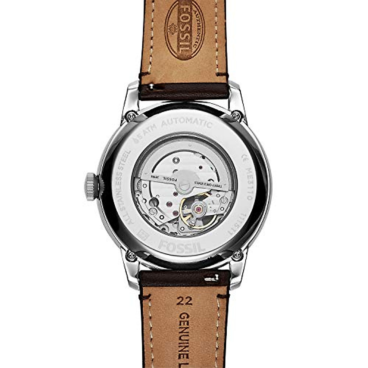 Fossil Men's Townsman Automatic Stainless Steel and Leather Two-Hand Skeleton Watch, Color: Silver, Brown (Model: ME3110)
