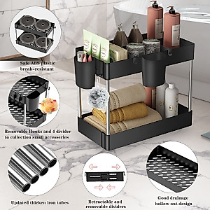[ 2 Pack ] Under Sink Organizers and Storage, 2 Tier Bathroom Organizer Under Sink Shelf with 4 Removable Dividers , Kitchen Cabinet Storage Caddy Bath Counter Basket with Hooks Dividers Hanging Cups