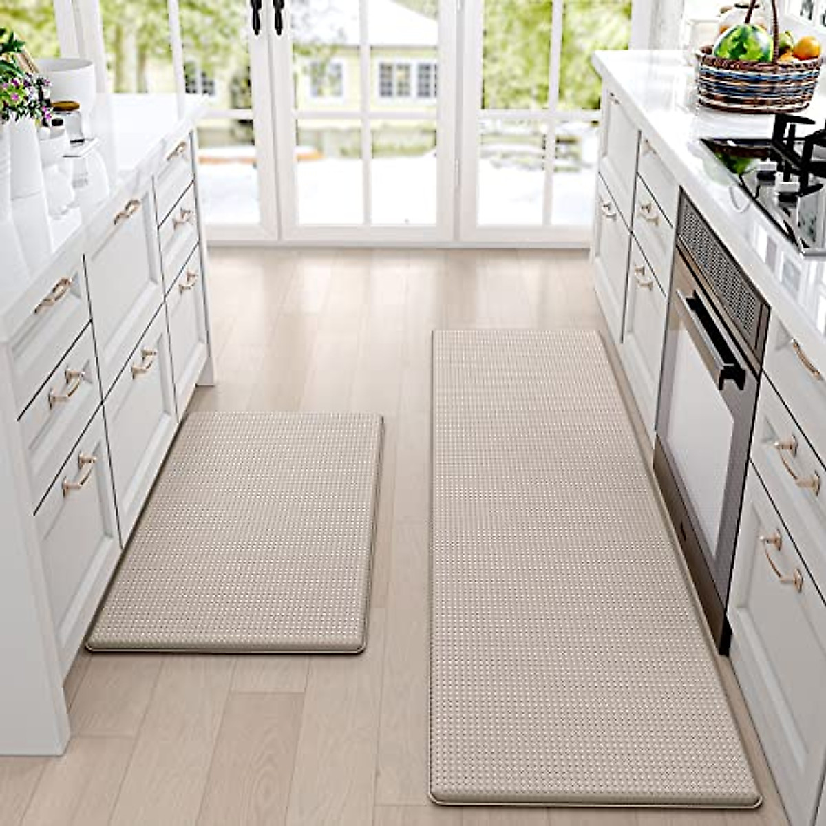 DEXI Kitchen Rugs and Mats Cushioned Anti Fatigue Comfort Mat Non Slip Standing Rug 2 Pieces Set 17"x29"+17"x59",Beige White