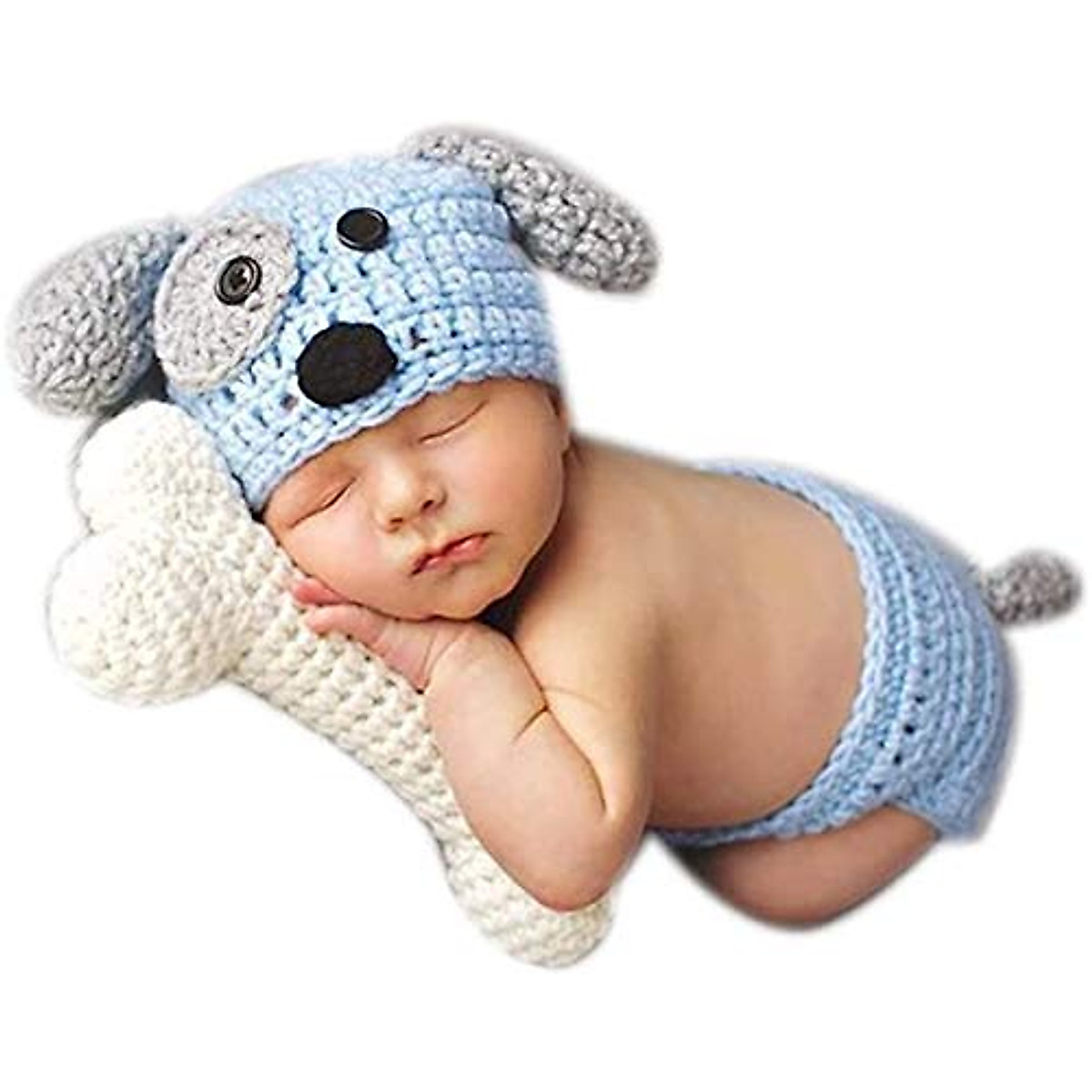 Newborn Baby Boy Girl Photo Props Outfits Crochet Knitted Dog Hat Shorts with Bone Set for Boys Girls Photography Shoot (Blue & White ，1-12 Months)