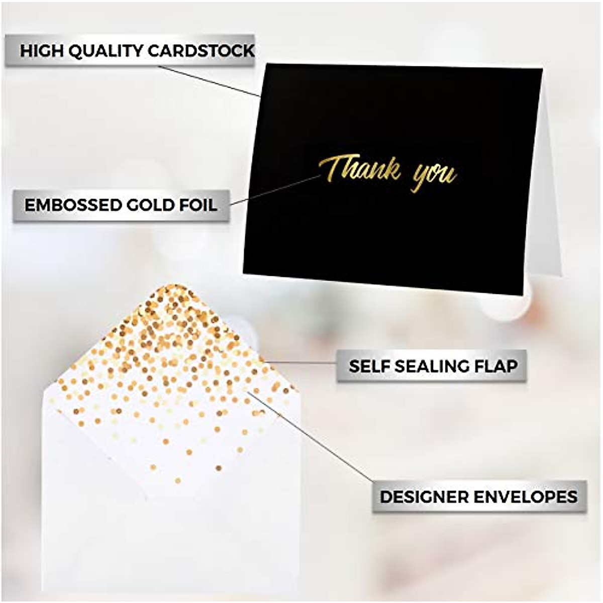 100 Thank You Cards with Envelopes | Thank You Notes, Black & Gold Foil | Blank Cards with Envelopes | For Business, Wedding, Graduation, Baby Bridal Shower, Funeral, Professional Thank You Cards Bulk