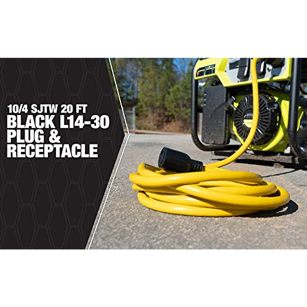 Southwire 65172840 20-Foot 30Amp Generator Cord, 10-Gauge Heavy Duty Electrical Power Cable with L14-30 Locking Plug, 125V / 250V, Yellow, Feet, Black