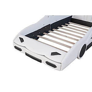 KTTEK Twin Size Race Car-Shaped Platform Bed with Wheels,Cartoon Bed Frame W/Slat Support & Easy to Assemble, for Boys for Kids Teens,White