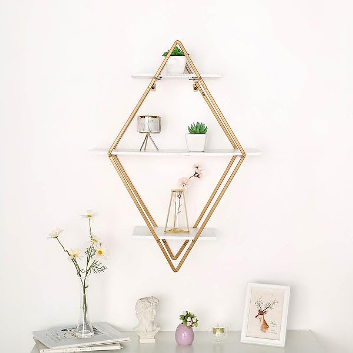 Efavormart 31" Geometric Diamond Shaped 3-Tier Gold Metal Dessert Cupcake Stand Rack, Wall Hanging Display Shelf Display, Book Shelf with White Wood Panels