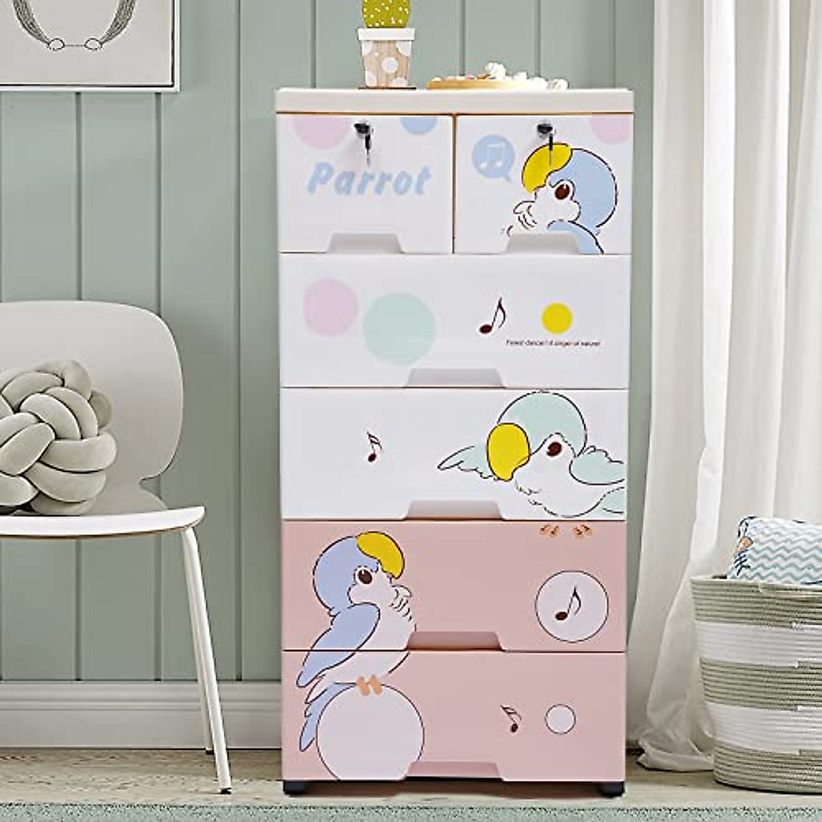 LOYALHEARTDY Plastic Dresser 6 Drawers Storage Cabinet Drawers Organizer with 2 Locker for Clothes/Toys, Bedroom, Playroom, Closet Drawers Large, Parrot
