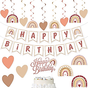26 Pcs Rainbow Birthday Party Decorations with Bohemian Theme Happy Birthday Banner, Cake Toppers, Ceiling Hanging Swirl Spirals with Cards for Neutral Baby Shower Birthday Party Supplies