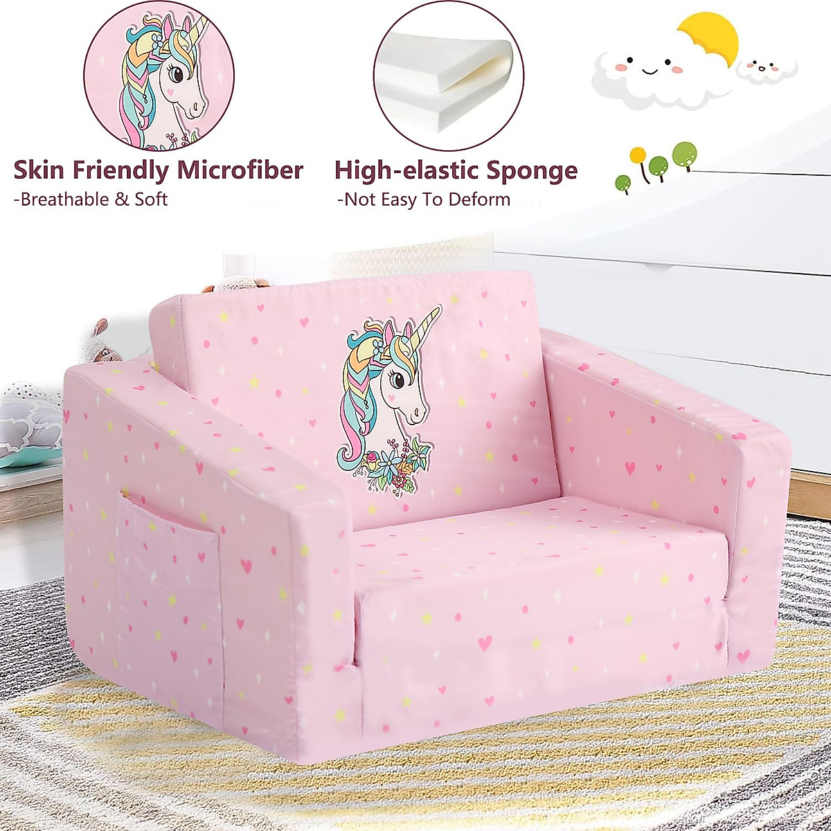 JoiyeScent Large Play Kids Sofa, Children's 2 in 1 Convertible Sofa to Lounger, Extra Soft Sofa Bed Fold Out for Toddler Girls, Cute Unicorn Print Pre-Assembled Kids Furniture for Playroom Bedroom