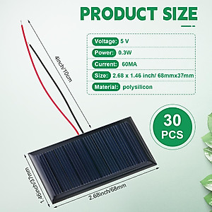 Retisee 30 Pcs Small Solar Panels Mini Polycrystalline Solar Cells 5v 60ma Epoxy Plate Photovoltaic Cells Charger Module with 10 cm Cable for Battery Charger DIY System 68 x 37 mm