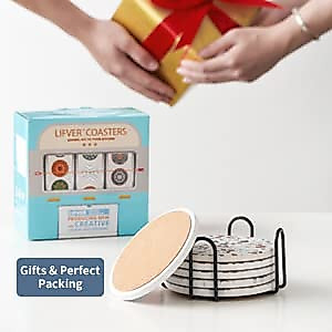 LIFVER Coasters for Drinks, Absorbent Coasters with Holder Set of 6, Avoid Furniture Being Scratched and Soiled, Housewarming Gift for Home Decor, 4 inches -2 Terrazzo Pattern