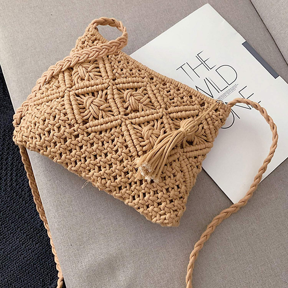 WOG2008 Women Summer Straw Crossbody Bags Woven Chain Fringed Small Square Purses Stylish Tassel Beach Handbag
