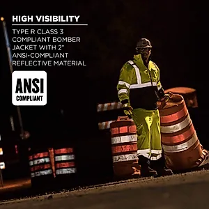 High Visibility Reflective Winter Bomber Jacket, Black Bottom, ANSI Compliant, Ergodyne GloWear 8377,2XL,Lime