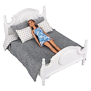 Dollhouse Furniture Queen Bed Set, Mini Bedroom Accessories for 12 inch Dolls, Grey Bedding, White Wooden Frame, 1/6 Scale