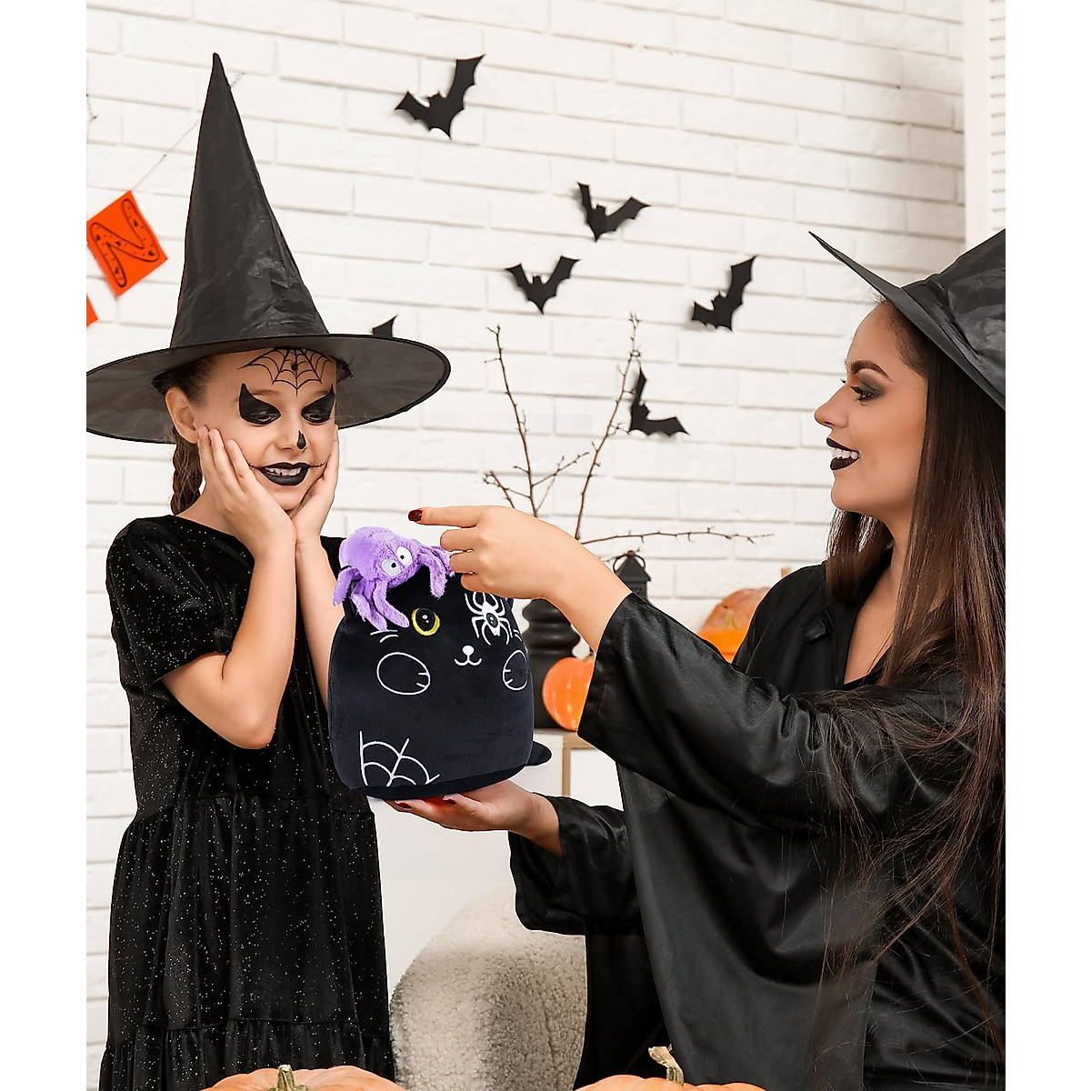 Halloween Plush Cat Stuffed Animals - Black Cats Plush Toys with Purple Spider, Cute Halloween Decor, Kids' Pillow, Gifts for Girls Boys, 8 Inch