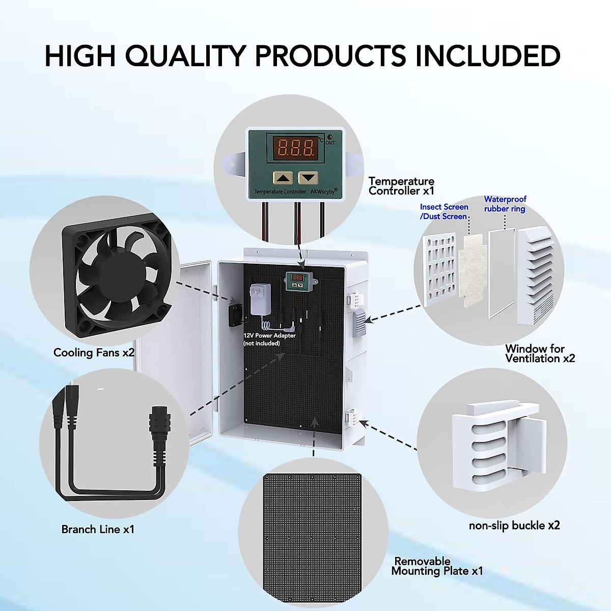 AKWscyby Outdoor Electrical Box, Junction Box with Fan & Thermostat & Power Adapter, Mounting Plate, Dust Screen, Mounting Brackets and Hinged Lid (18.1"Hx 12.5"L x 6.3"W)