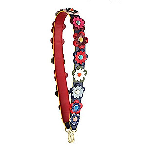 Cowhide Leather Flower Replacement Interchangeable Shoulder Strap with Swivel Hook for Handbags Purse Bags (Drak Blue with Red-Mix Flower-Gold Buckle)