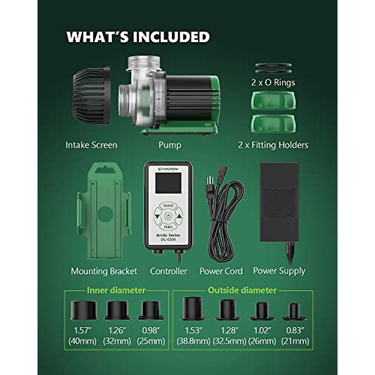 STAYGROW Arctic Series DC-6500 Aquarium Water Pumps, DC 24V 48W 1717 GPH (6500 L/H), Sine Wave Silent Powerful Controllable Submersible or External Return Pump for Fresh/Saltwater/Marine Tank Green