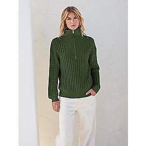 MEROKEETY Women's 2023 Long Sleeve 1/4 Zipper Sweaters V Neck Cable Knit Pullover Tops Army Green Medium