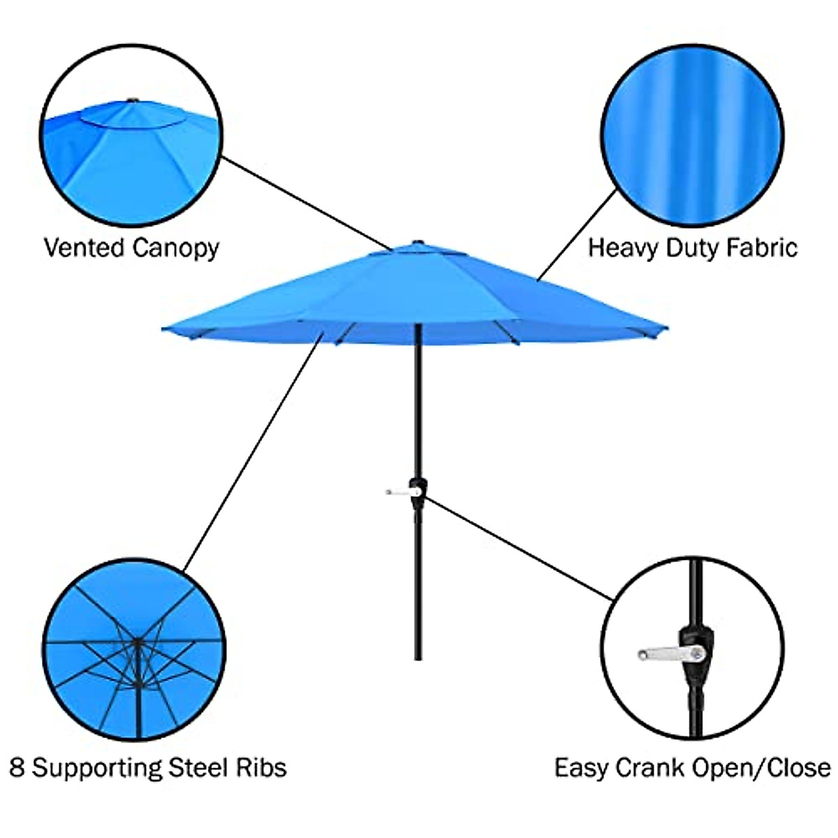 Pure Garden 9 Foot Aluminum Patio Umbrella with Auto Crank - Brilliant Blue
