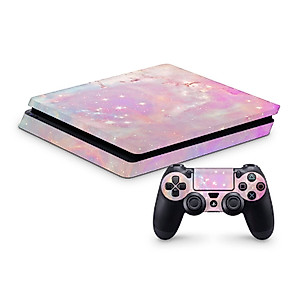 ZOOMHITSKINS Compatible with PS4 Slim Skin, Galaxy Pink Pastel Star Light Blue Rose, Durable & Fit, 3M Vinyl, Made in The USA