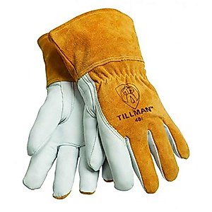 John Tillman and Co Medium Brown Top Grain Goatskin Fleece Lined Standard Grade MIG Welders Gloves with Straight Thumb, 3 12" Cuff, Kevlar Stitching and Elastic Back