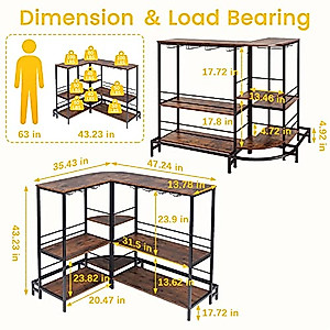 kepptory L-Shape Bar Table, 3-Tier Liquor Bar Table with Storage & Glasses Holder & Footrest, Farmhouse Wine Bar Cabinet for Home, FreeStanding Sideboard and Buffet Cabinet, Retro Brown