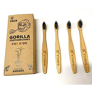 Kid's 4 Pack - Gorilla Bamboo Toothbrush Soft Natural Bristle for Sensitive Gums - Eco Friendly Recyclable Biodegradable Sustainable Products Helping to Save The Planet - One Toothbrush at a Time