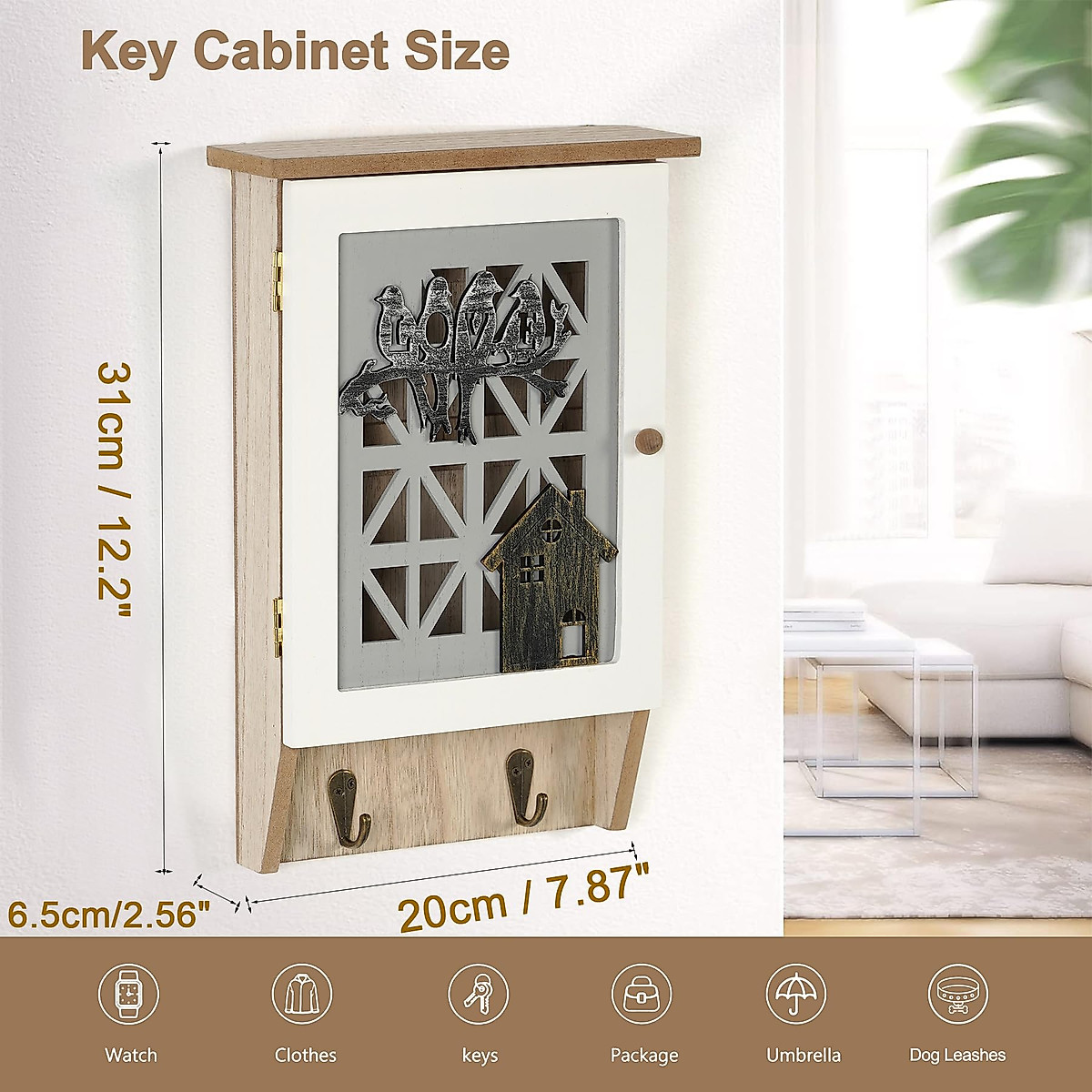 AHUONEL Wooden Key Holder for Wall Key Cabinet, Decorative Key Box Key Hooks Wall Mounted Key Hangers Key Storage Rack with 8 Hooks for Home Decor Office Entryway Hallway Bedroom Living Room