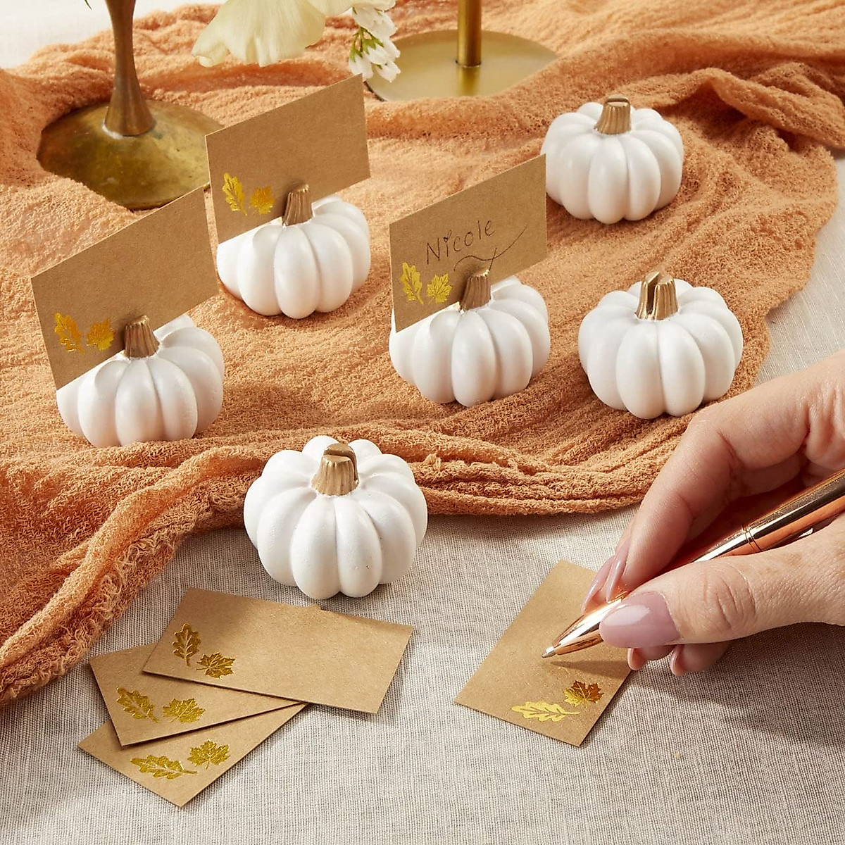 Kate Aspen 36PCS Place Card Holders (Place Cards Included), Table Number Holder for Weddings, White Pumpkin Photo Holder for Table Assignments at Bridal Showers or Anniversaries