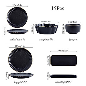 GagalU Porcelain Plate and Bowl Set,Kitchen Tableware Set,Ceramic Dinnerware Set, 15 Pcs Matte Black Retro Plates and Bowls Set- Irregular Edge Dinner Sets, Service for 4