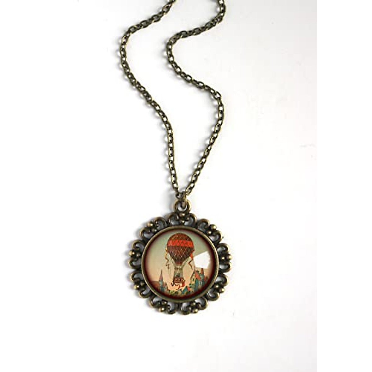 Red Hot Air Balloon Steampunk Ornate Pendant Necklace With 18" Nicke-Free Brass Chain