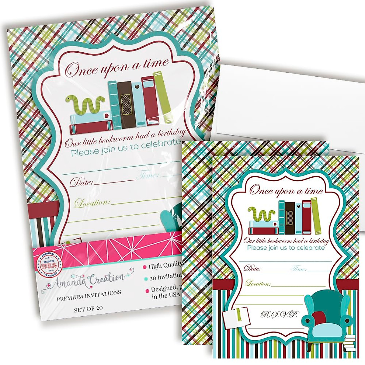 Our Little Bookworm Reading Book Lover Birthday Party Invitations, 20 5x7 Fill In Cards with Twenty White Envelopes by AmandaCreation